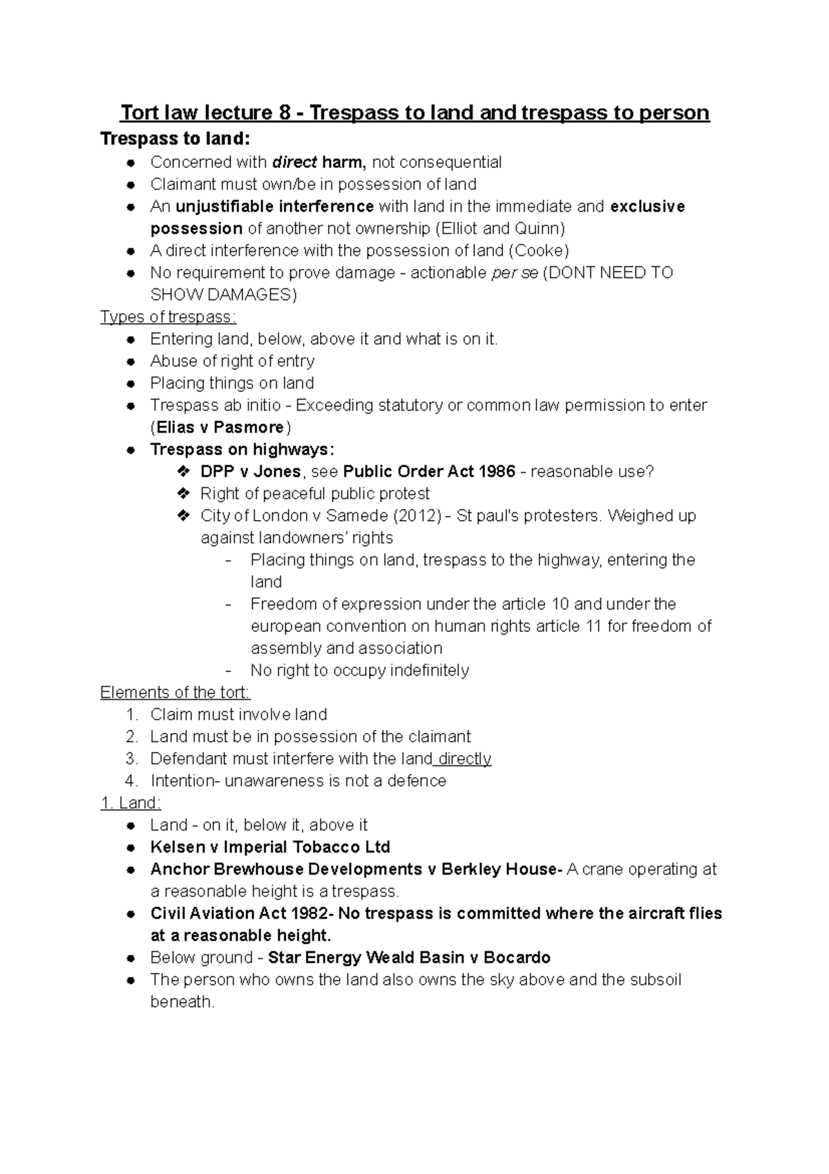 Tort law lecture 8 - Trespass to land and trespass to person - Abuse of right of entry Placing ...