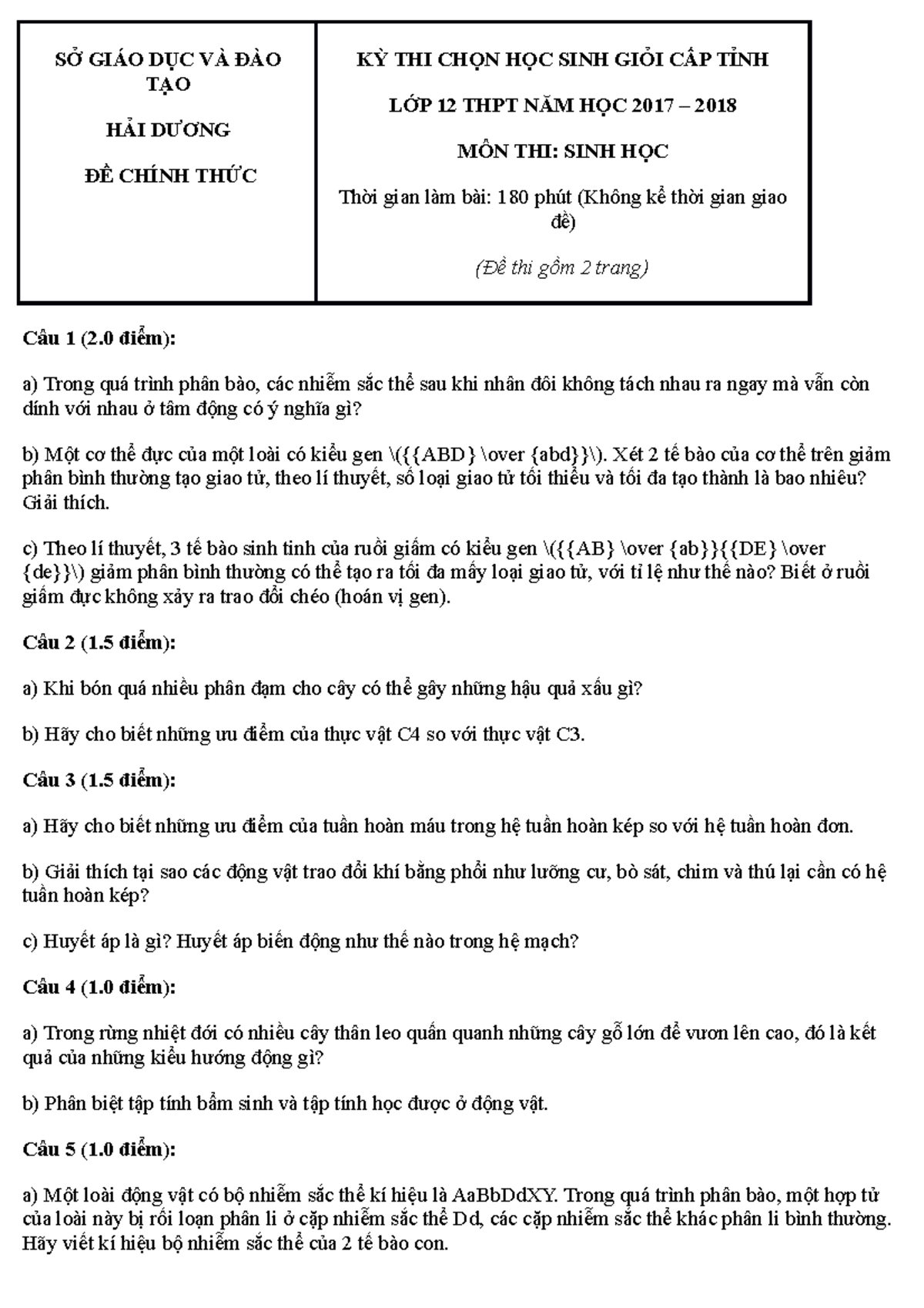 De thi chon hsg mon sinh lop 12 nam hoc 2017 2018 tinh hai duong co loi giai - SỞ GIÁO DỤC VÀ ...