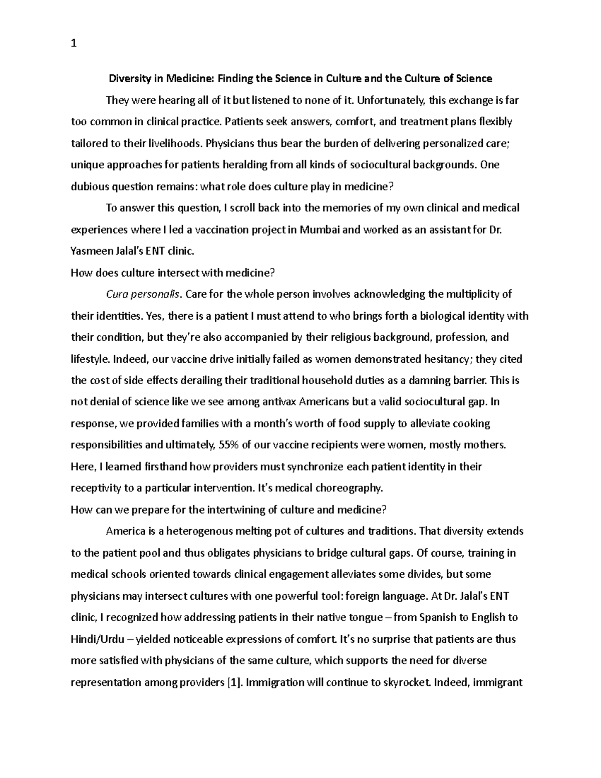 Reflection 3 2022 - essay - 1 Diversity in Medicine: Finding the ...