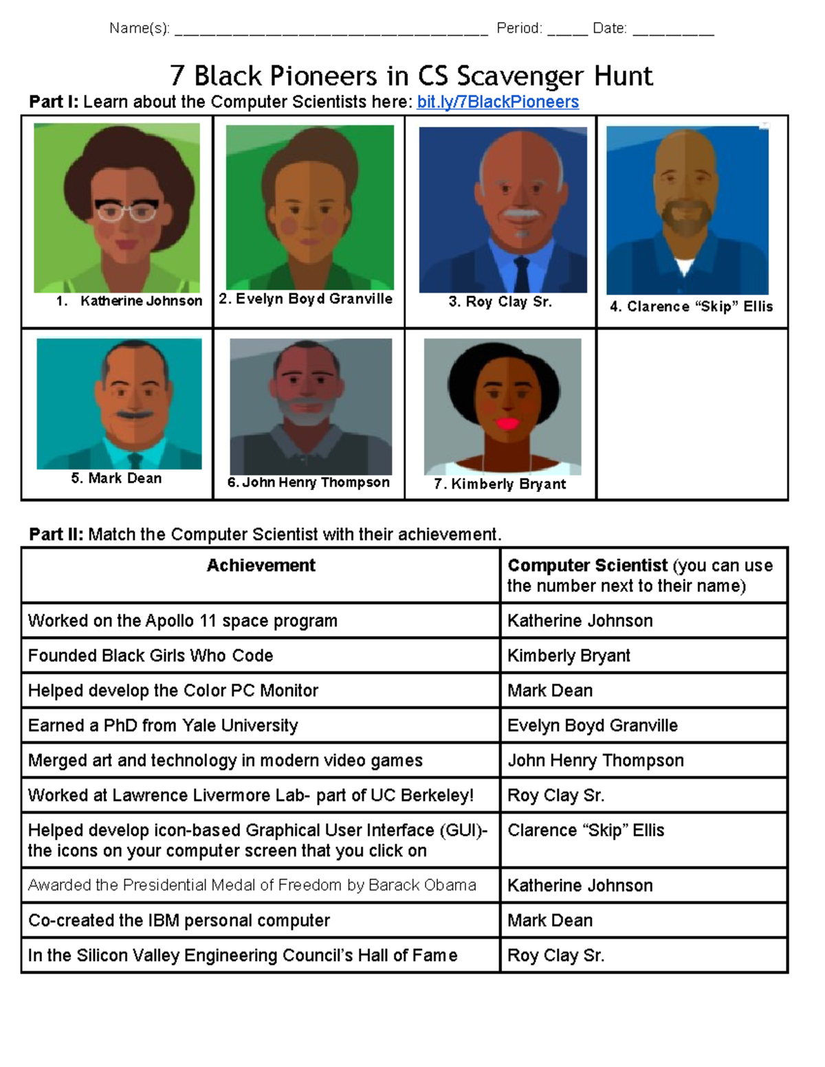 7 Black Pioneers in CS Scavenger Hunt (1 page) - Name(s