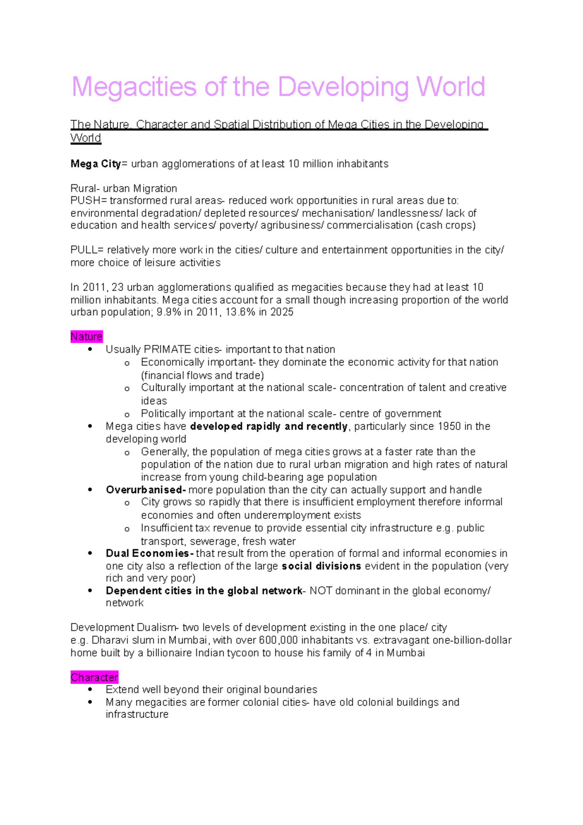 Mega Cities summary notes - Megacities of the Developing World The ...