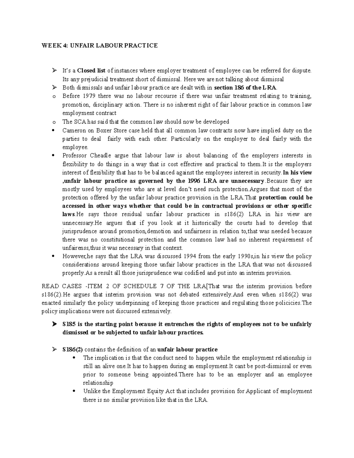 Labour LAW Notes - WEEK 4: UNFAIR LABOUR PRACTICE It’s a Closed list of ...