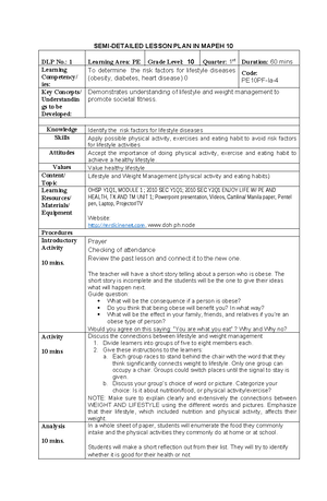 Physical Education - SEMI-DETAILED LESSON PLAN IN MAPEH 10 DLP No.: 2 ...