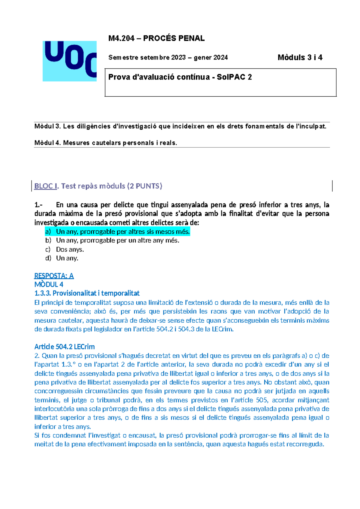 M4.204 Sol PAC 2 - Solución PAC 2 - M4 – PROCÉS PENAL Semestre setembre 2023 – gener 2024 Mòduls ...