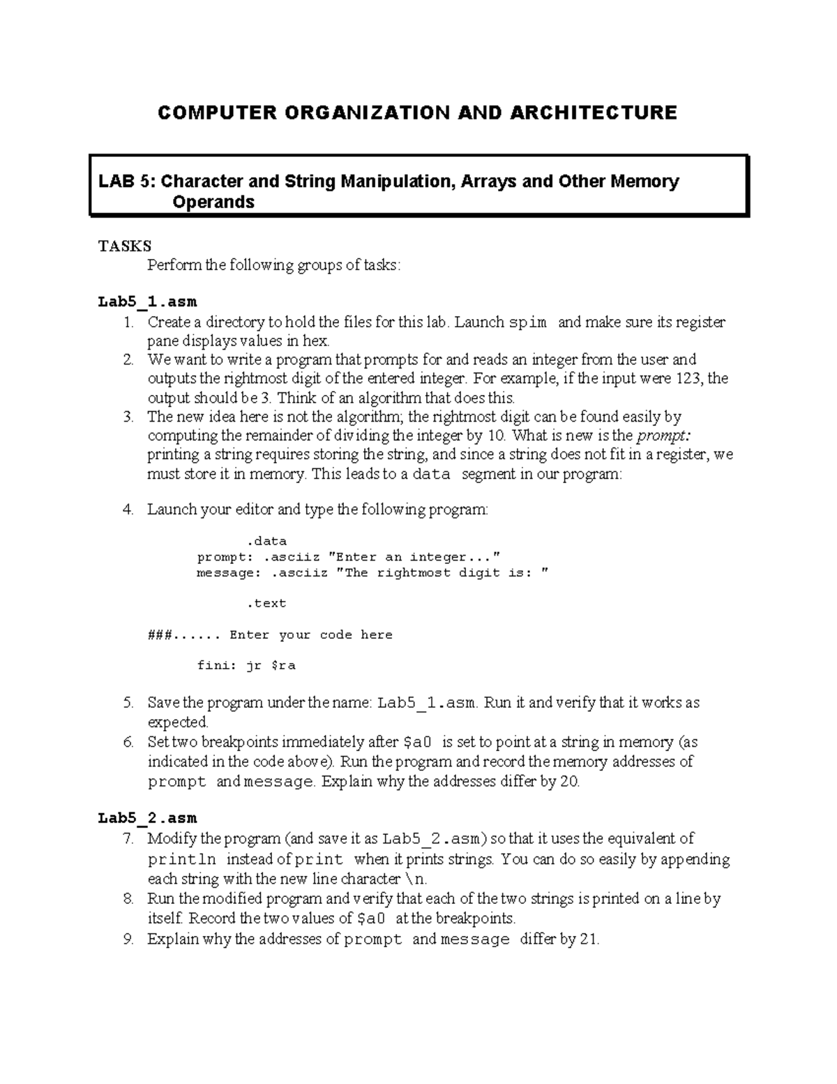 Lab5 - N/A - COMPUTER ORGANIZATION AND ARCHITECTURE LAB 5: Character and String Manipulation ...