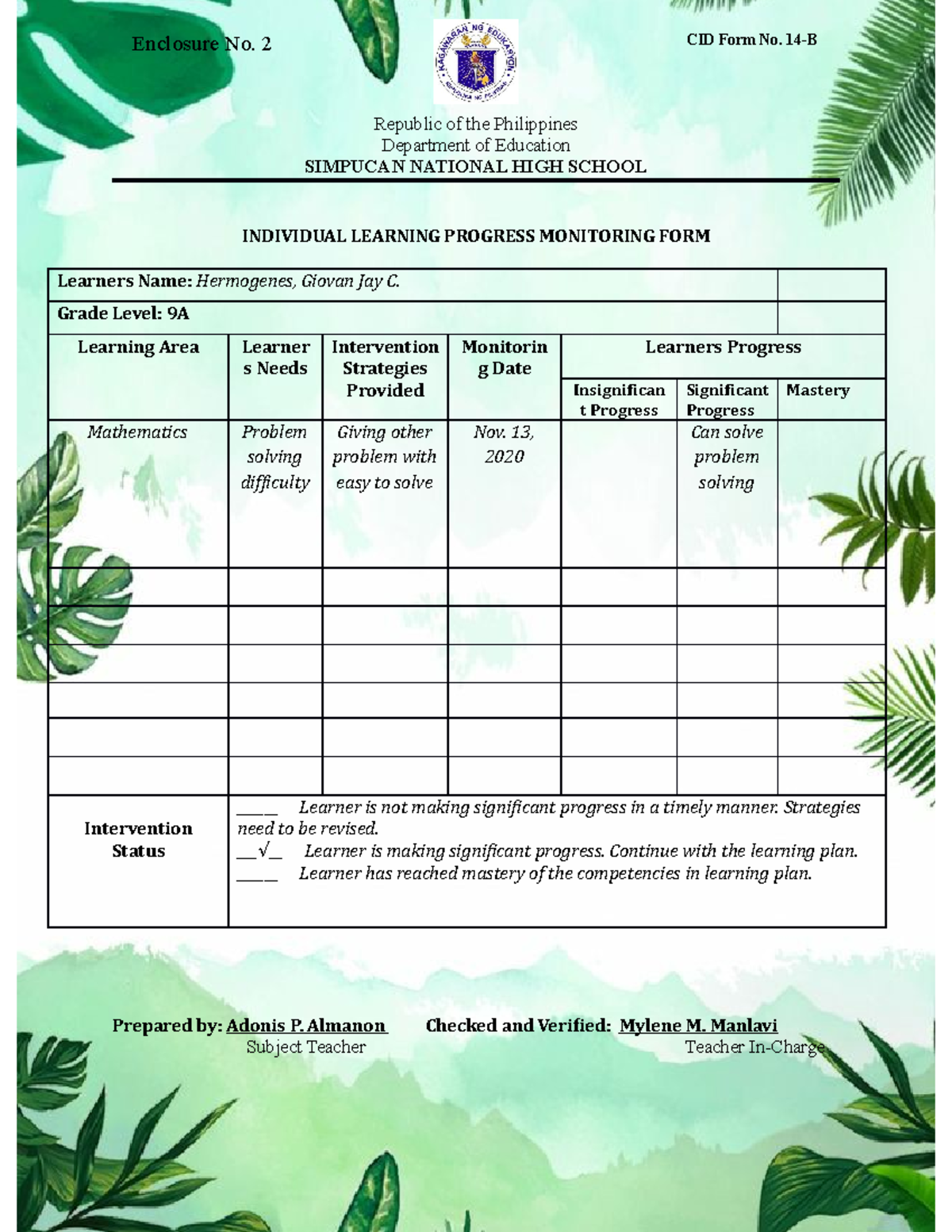 CID Form 14 B Individual Learning - Republic of the Philippines ...