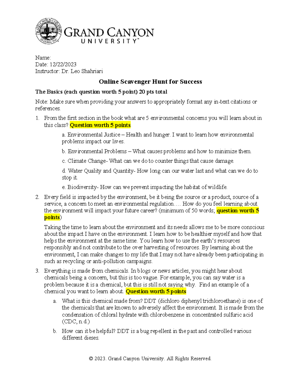 BIO 220 RS Online Scavenger Hunt For Success Resource - Name: Date: 12 ...