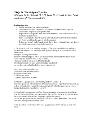 GRQ 23 - GRQ 23 - GRQs for How Populations Evolve II (Reading Chapter ...