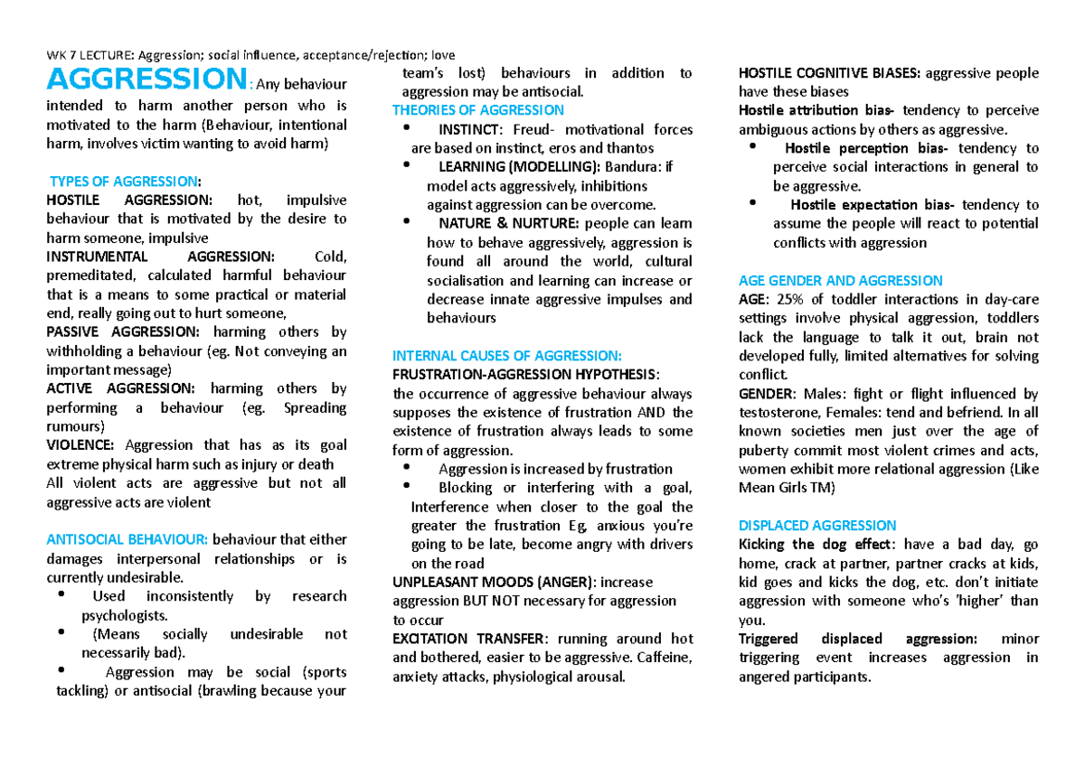 6. Aggression, social influence, attraction, rejection - WK 7 LECTURE ...