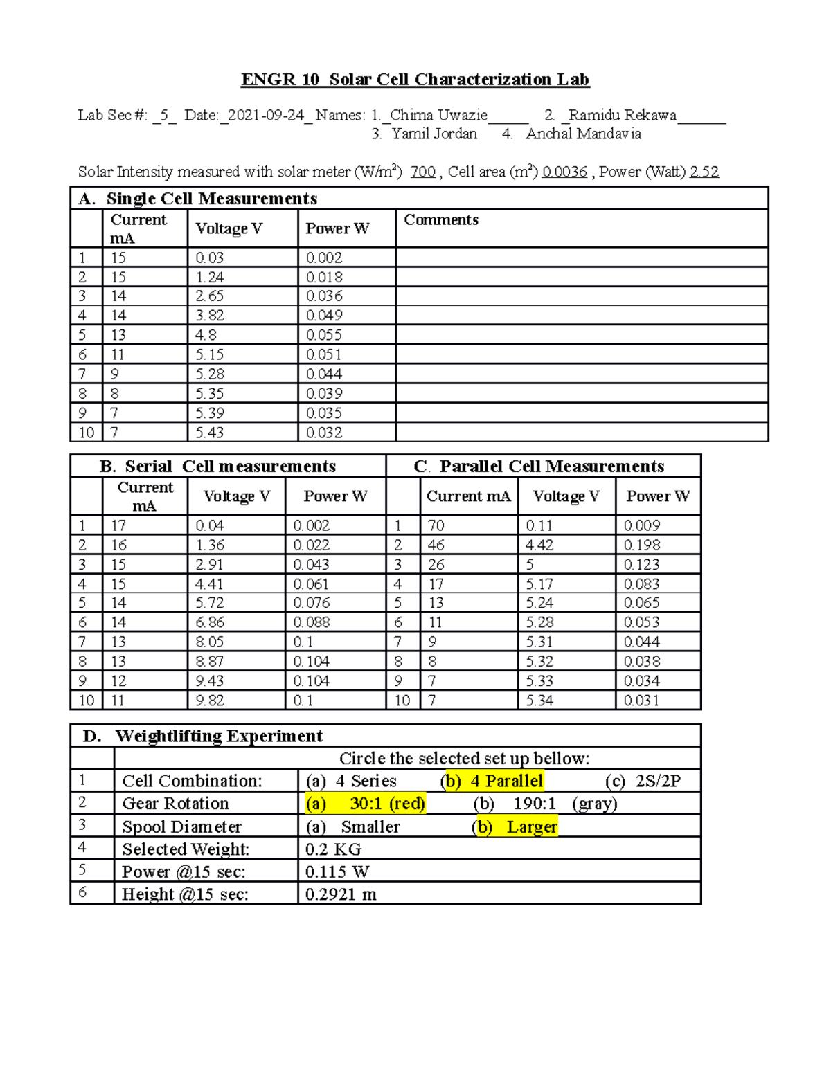 Solar Cell Data Sheet F21s da da sd as da da - ENGR 10 - SJSU - Studocu