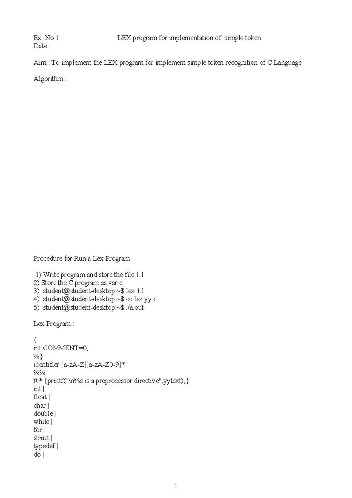 CD Lab Manual - Ex. No 1 : LEX program for implementation of simple token Date : Aim : To ...