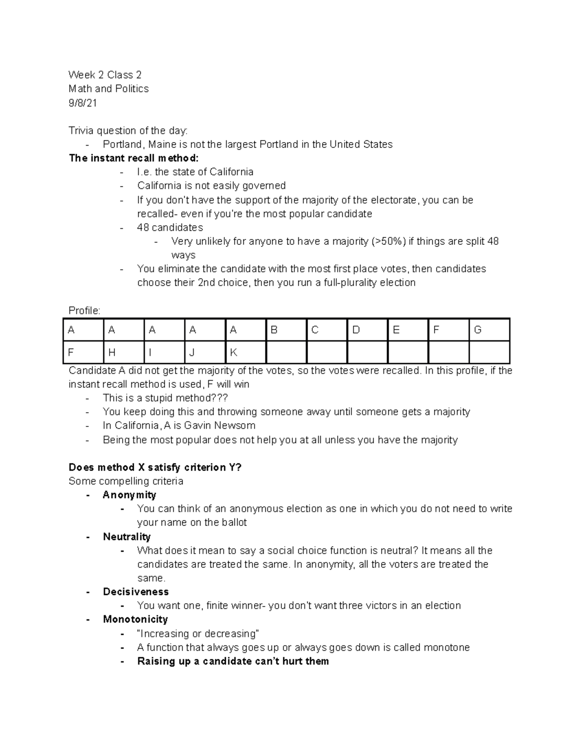 9 8 Math and Politics Notes - Week 2 Class 2 Math and Politics 9/8 ...