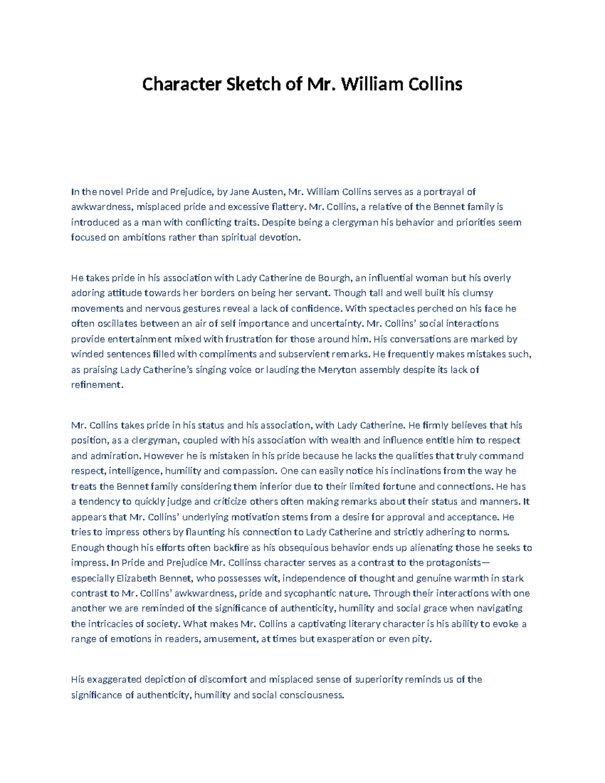 Character Sketch of Mr - William Collins In the novel Pride and ...