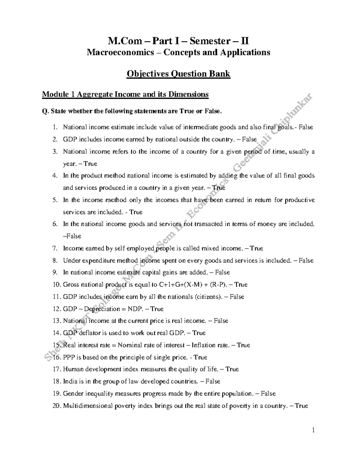 M Com- Objectives Question Bank - Macro Economics- Concepts Applications - Sem II - M – Part I ...
