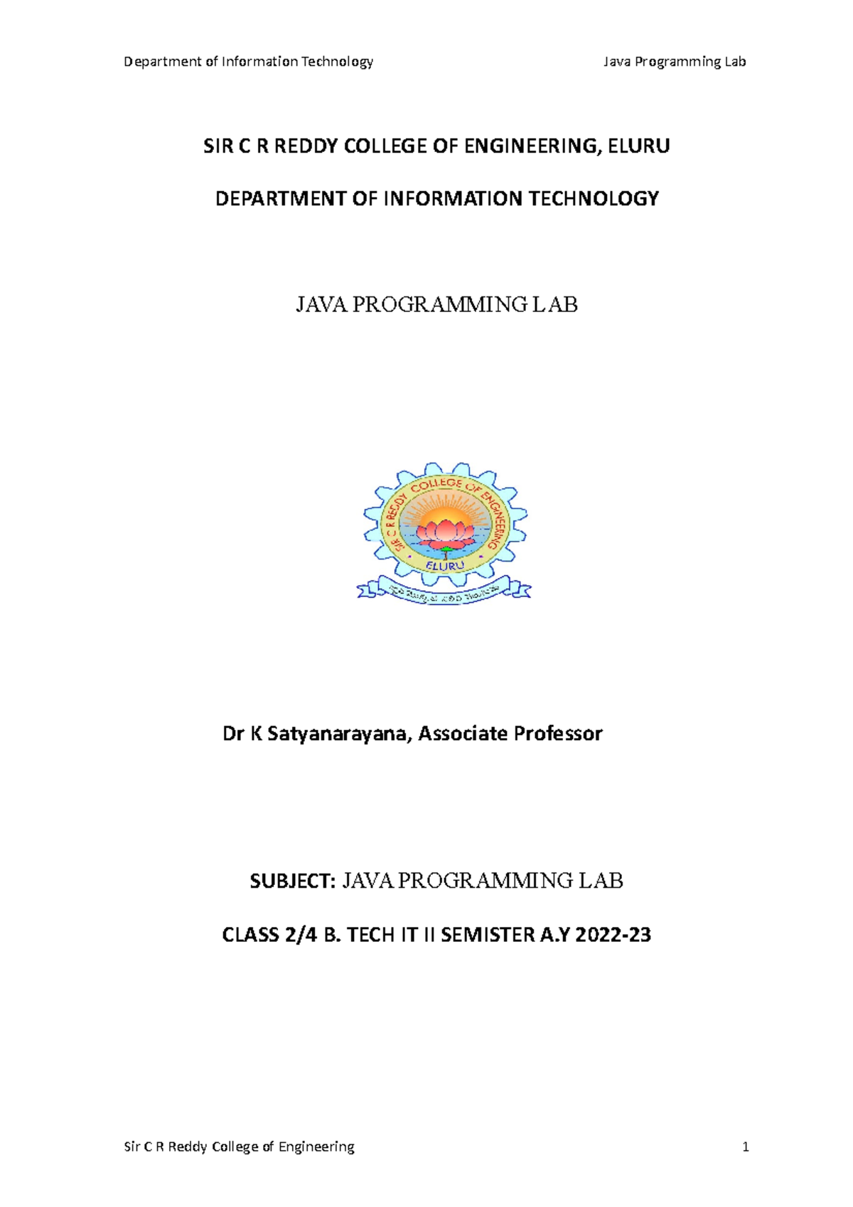 Java Programming Lab Manual Sir C R Reddy College Of Engineering Eluru Department Of