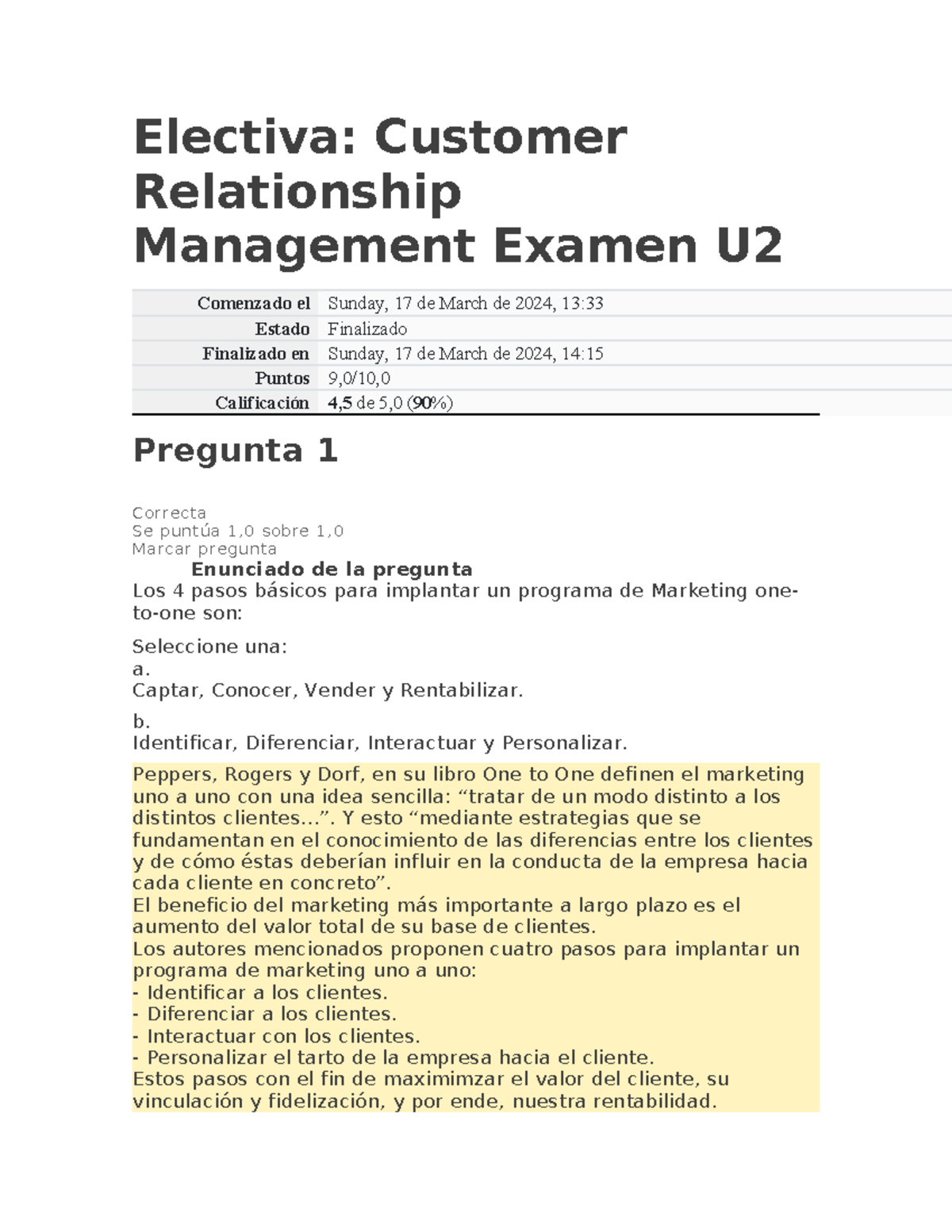 Electiv 2 examen - Electiva: Customer Relationship Management Examen U ...