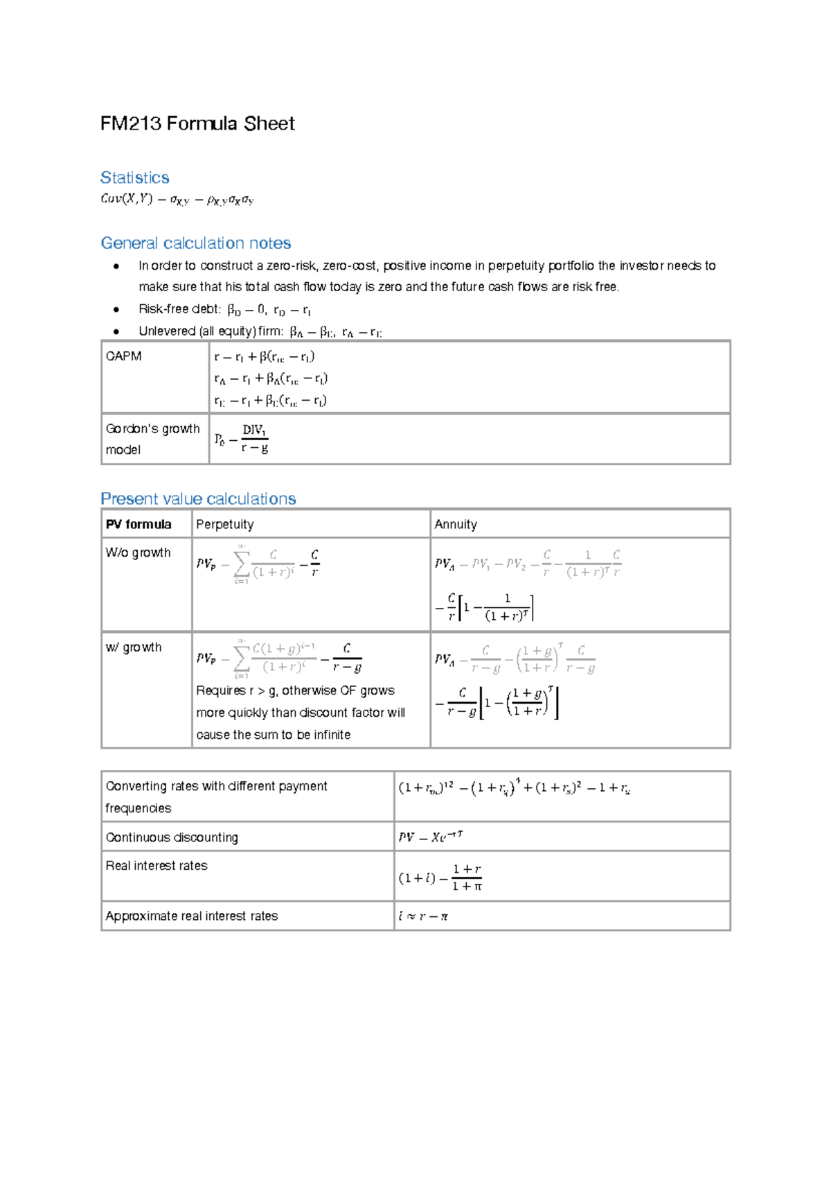 FM213 Formula Sheet sample - FM213 Formula Sheet Statistics 𝐶𝑜𝑣(𝑋,𝑌 ...