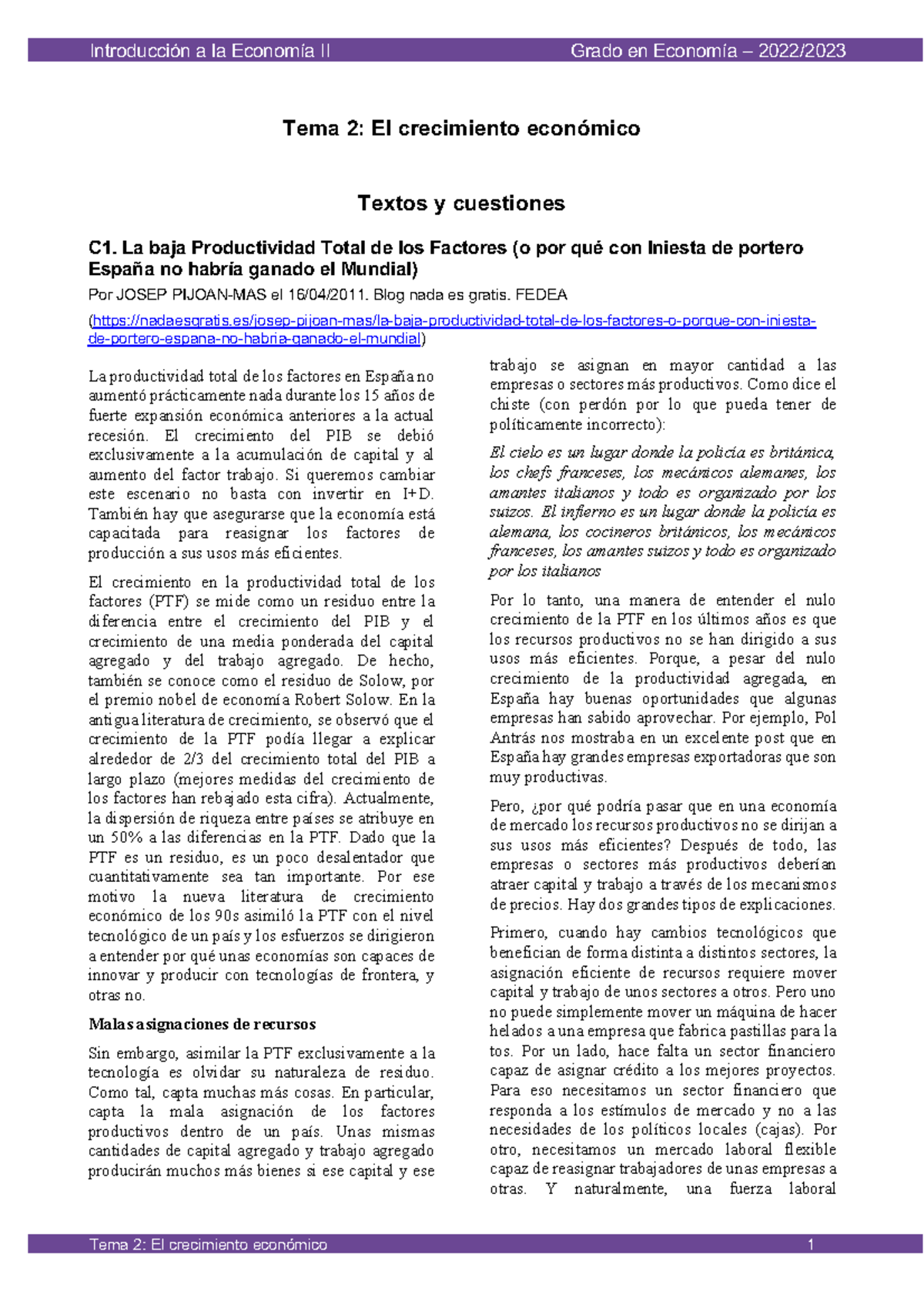 TEMA 2 Prácticas - Prácticas tema 2 - Tema 2: El crecimiento económico Textos y cuestiones C1 ...