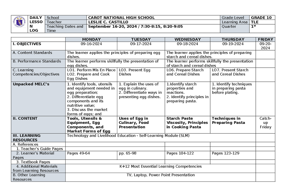 TLE 10 Daily Lesson LOG - BOOK - DAILY LESSO N LOG School CAROT ...