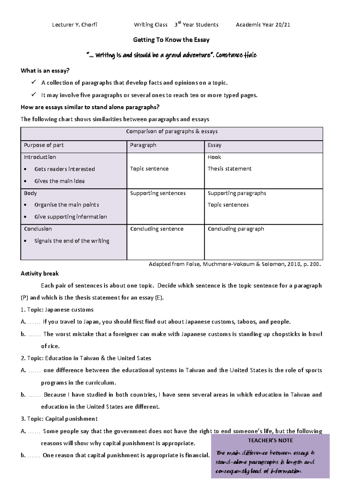 1. Getting To Know the Essay - Lecturer Y. Chorfi Writing Class 3 rd ...