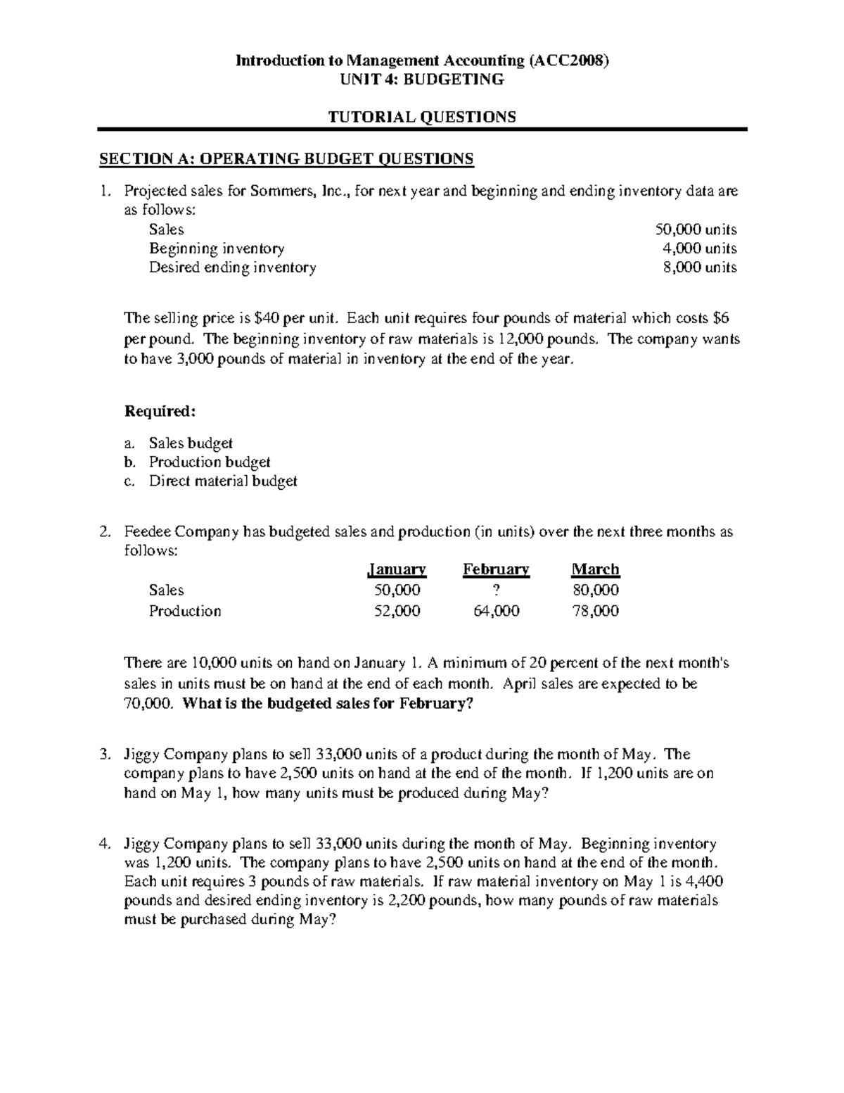 Unit 4 - Budgeting [Tutorial Questions] - Introduction to Management ...