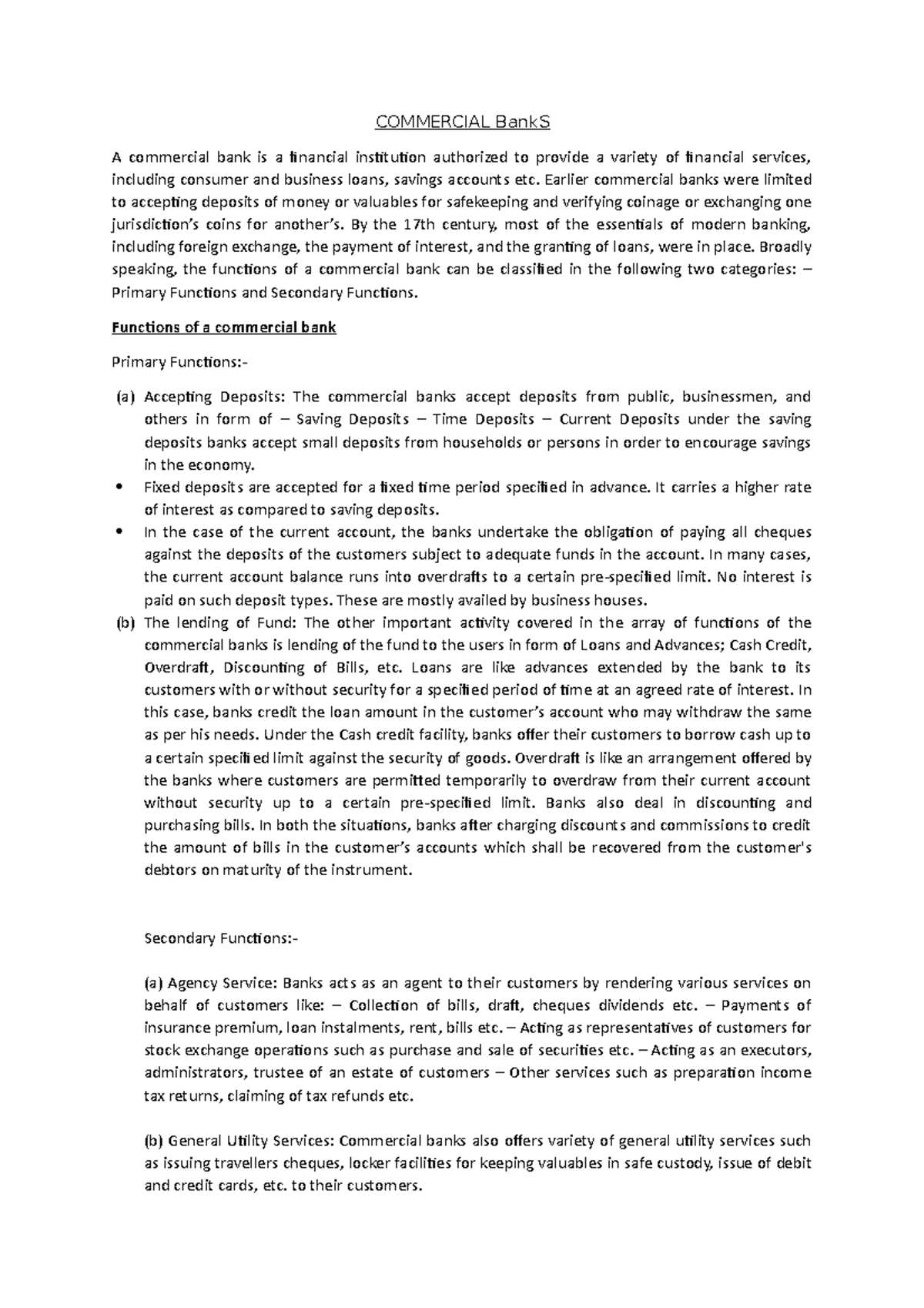 Commercial Banks - COMMERCIAL BankS A commercial bank is a financial ...