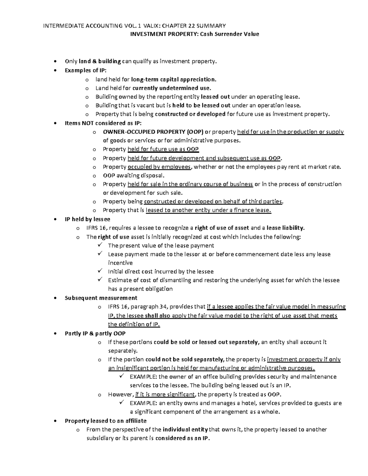 Investment Property Cash surrender value - INVESTMENT PROPERTY: Cash ...