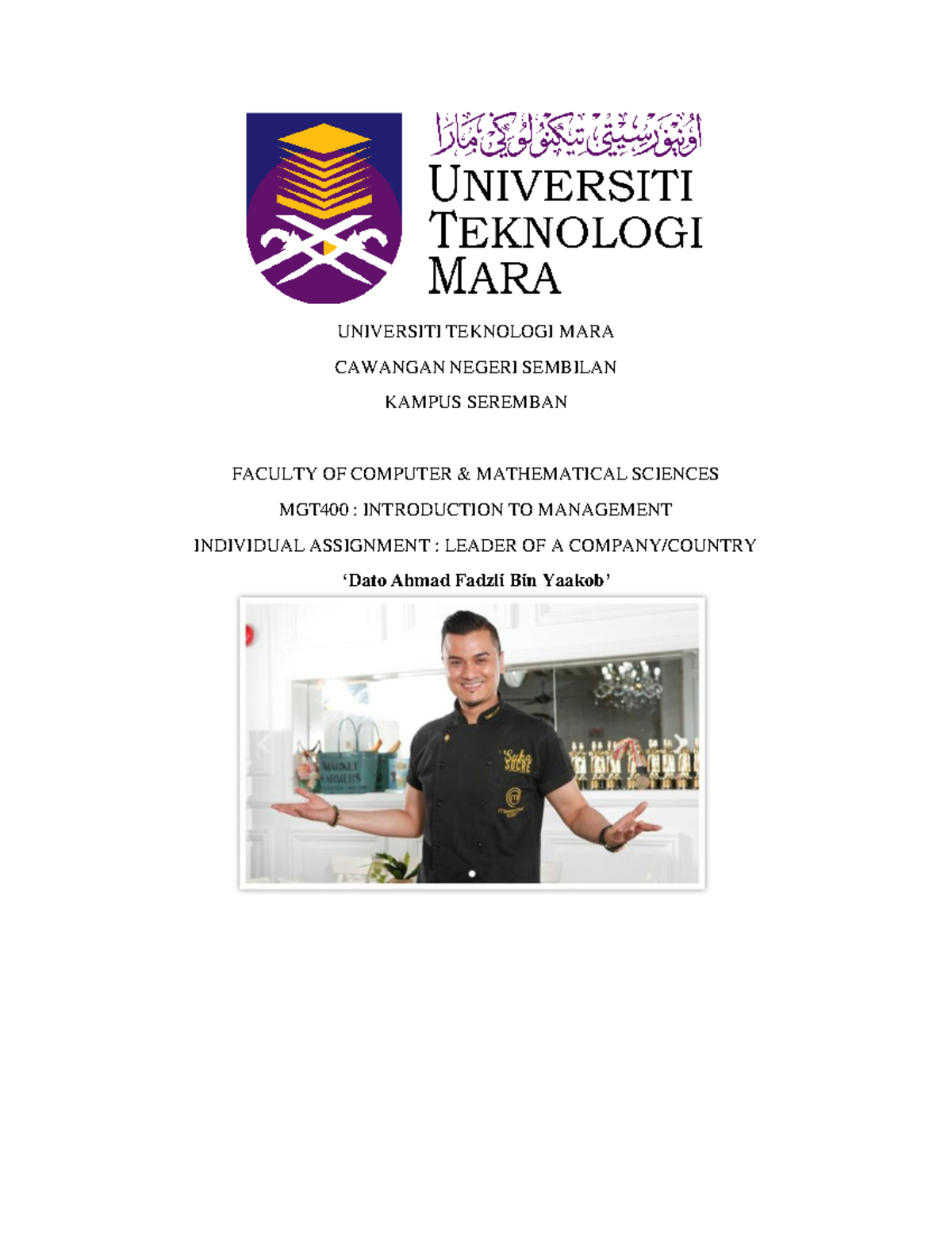 Individual ASSG MGT400 - UNIVERSITI TEKNOLOGI MARA CAWANGAN NEGERI ...