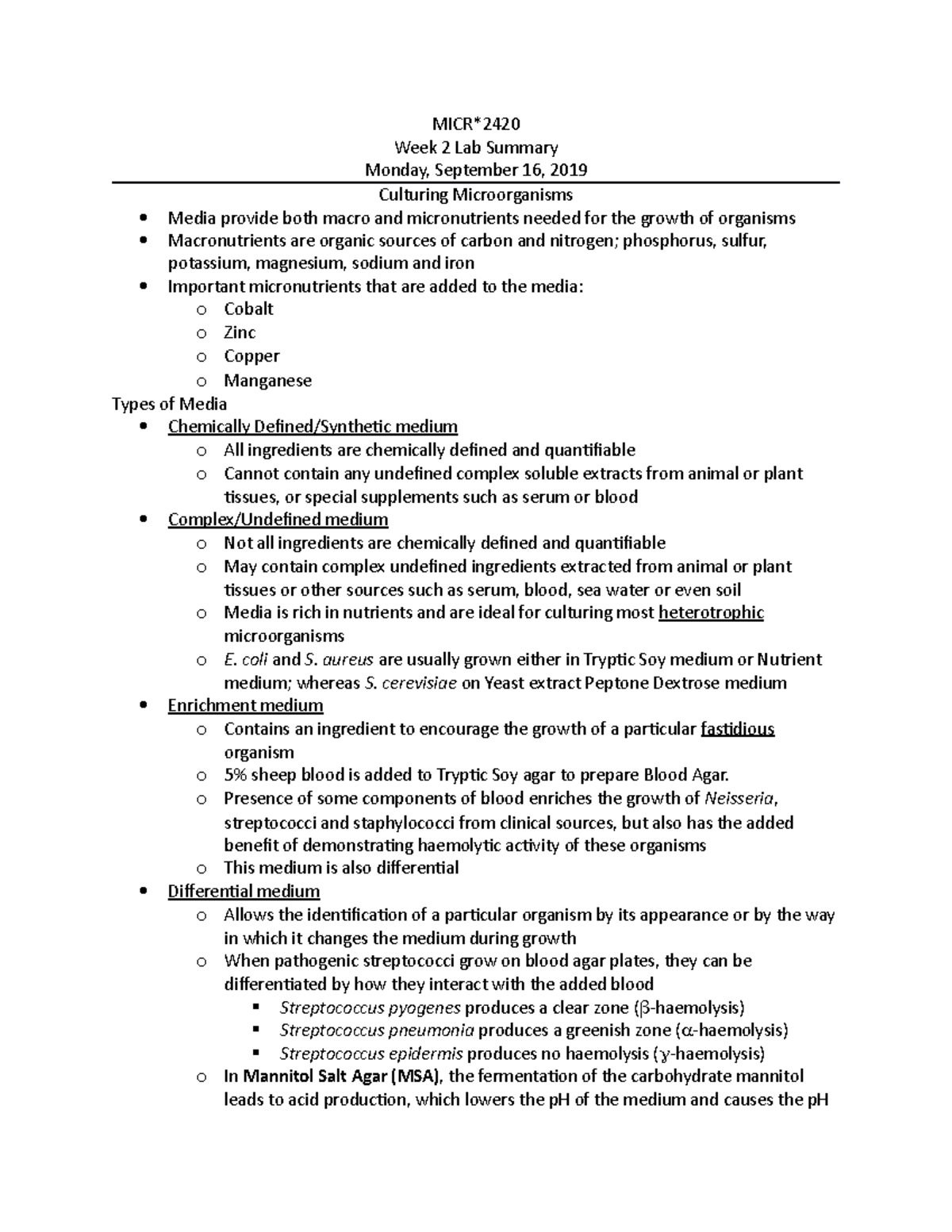 MICR 2420 Lab 2 Summary - MICR* Week 2 Lab Summary Monday, September 16 ...