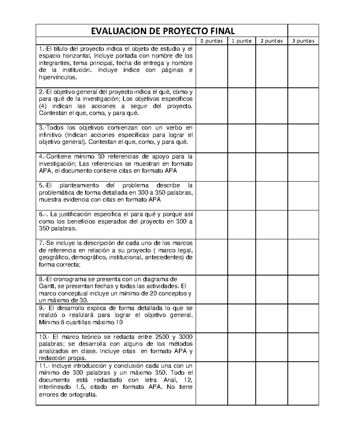 Evaluacion proyecto final FMI - EVALUACION DE PROYECTO FINAL 0 puntos 1 punto 2 puntos 3 puntos ...