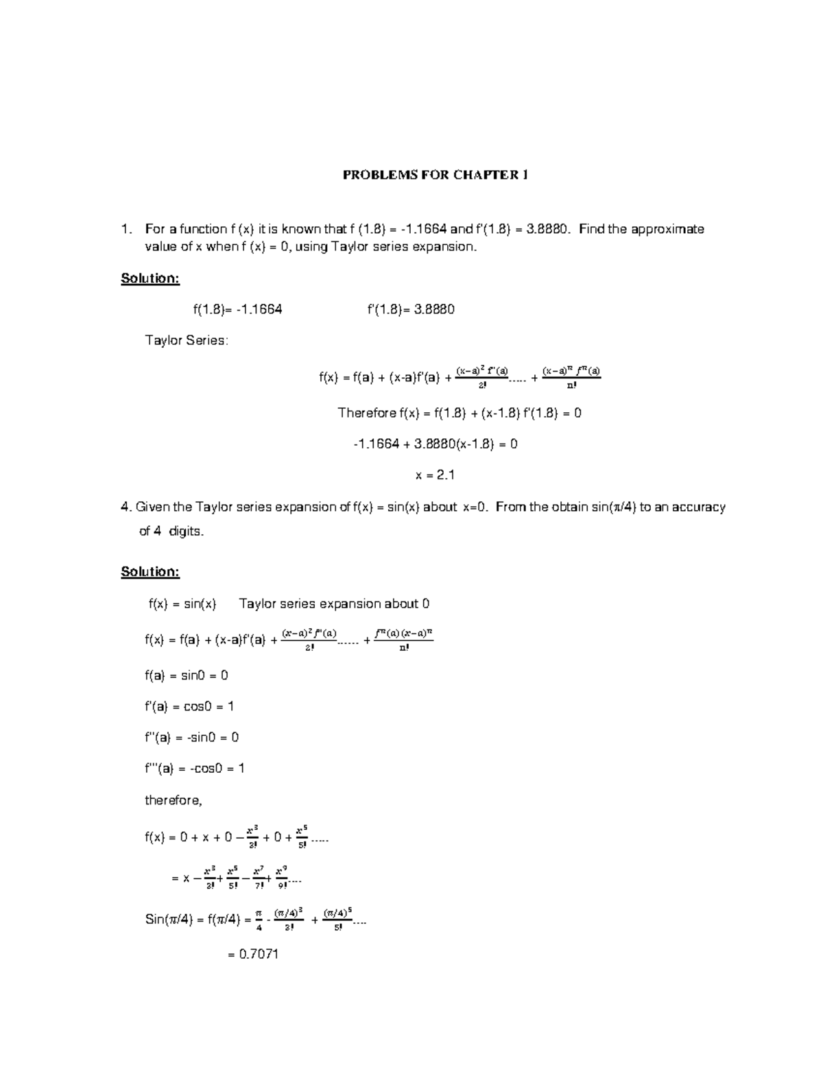 Tutorial 1 - Practice - PROBLEMS FOR CHAPTER 1 For a function f (x) it ...