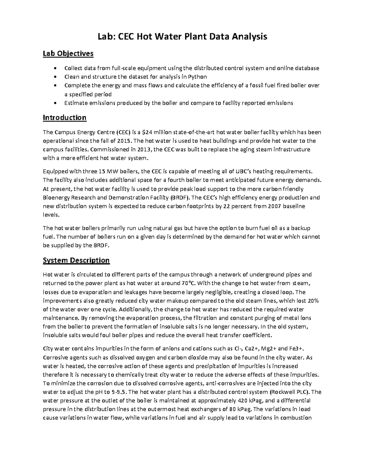 CHBE 366 CEC Data Analytics Lab Assignment - Lab: CEC Hot Water Plant Data Analysis Lab ...