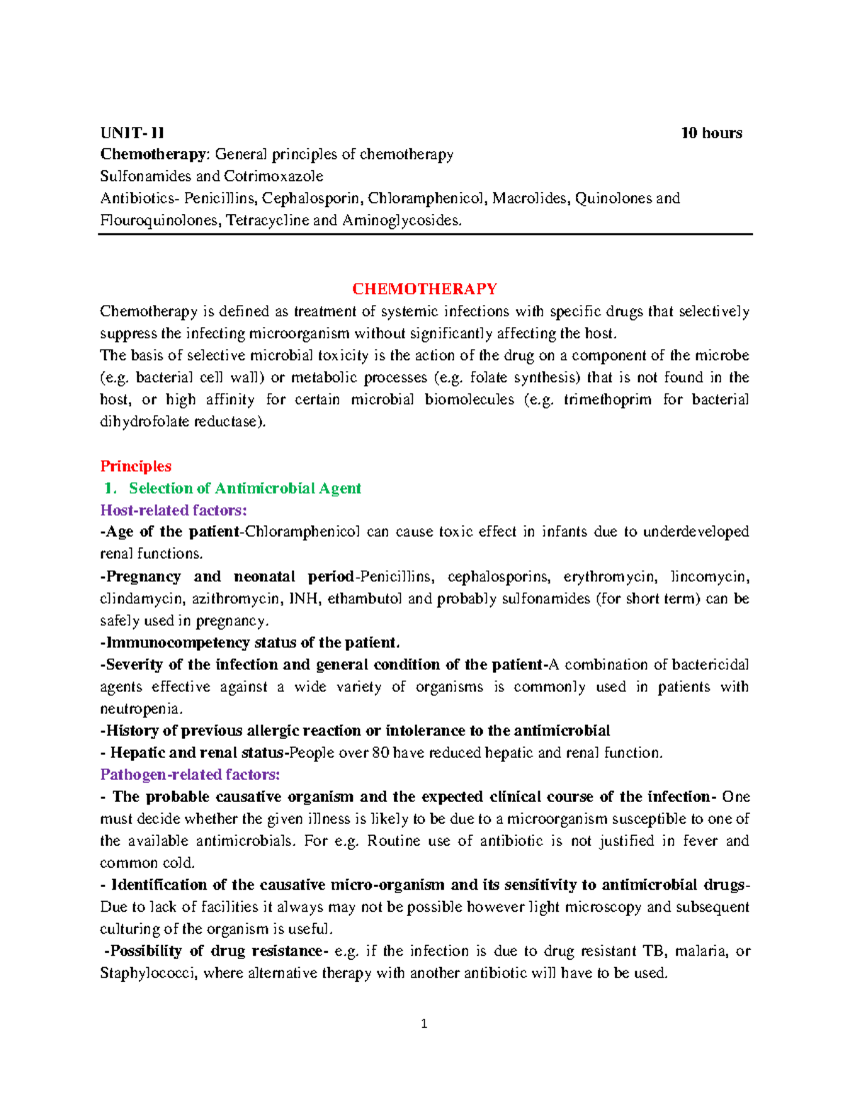 UNIT 2 Notes- Pharmacology III - UNIT- II 10 hours Chemotherapy ...