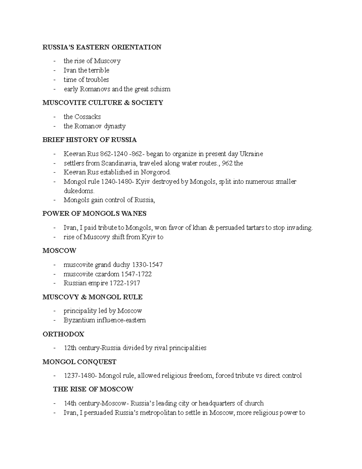 Early Russia Notes 1 - RUSSIA’S EASTERN ORIENTATION the rise of Muscovy ...