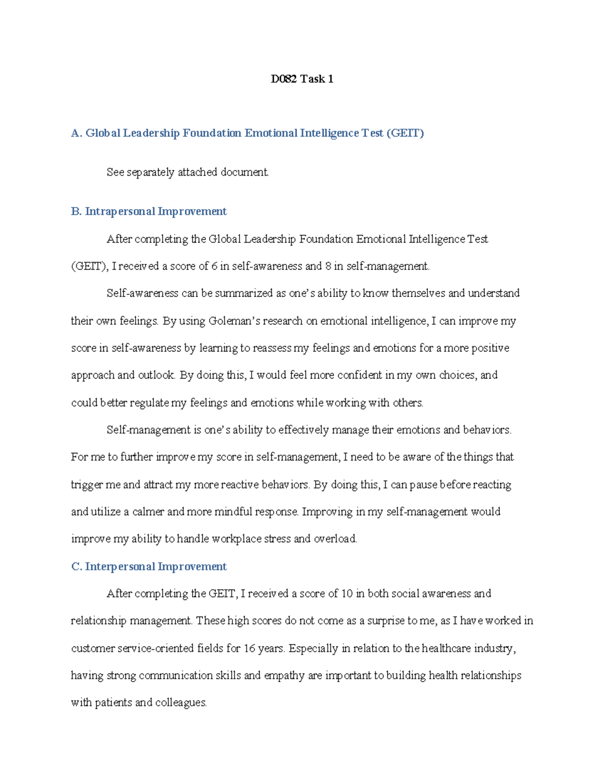 Performance Assessment Task 1 D082 Task 1 A Global Leadership