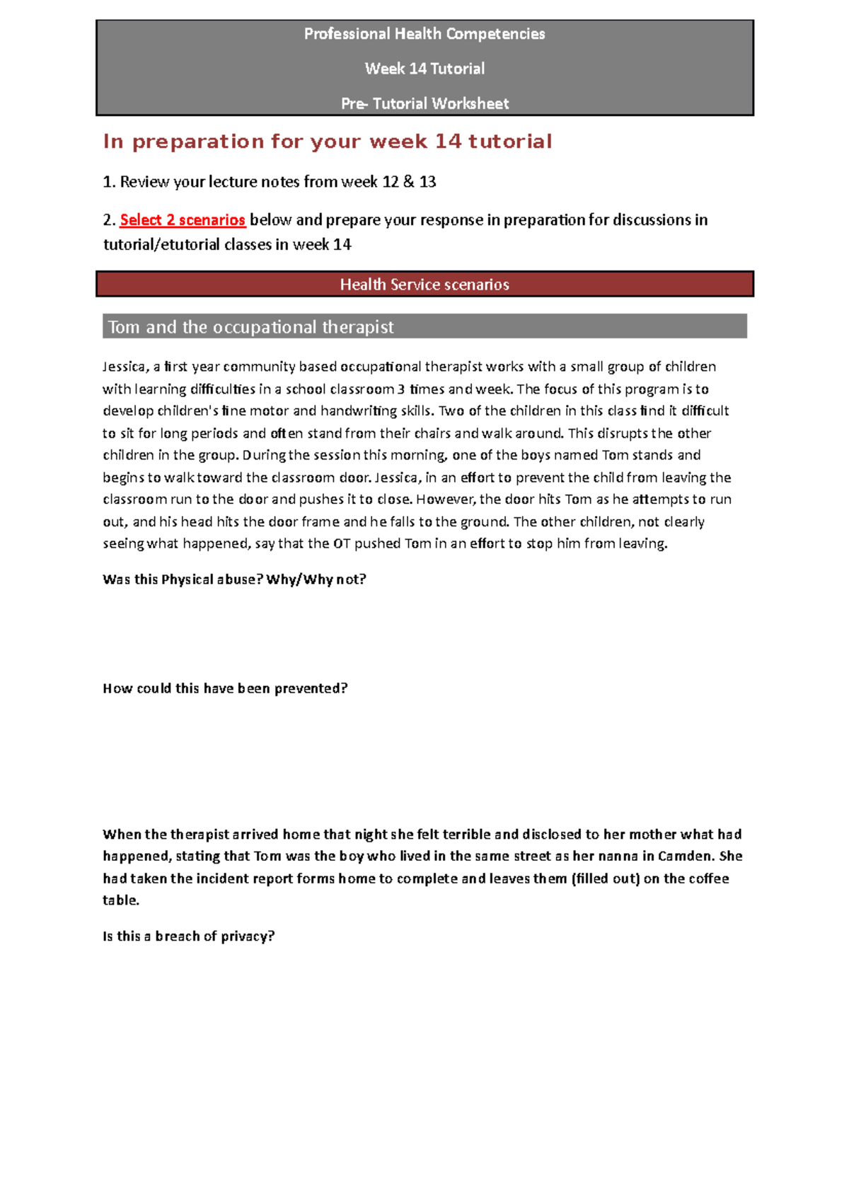 Week 14 Pre-tutorial worksheet - Professional Health Competencies Week ...