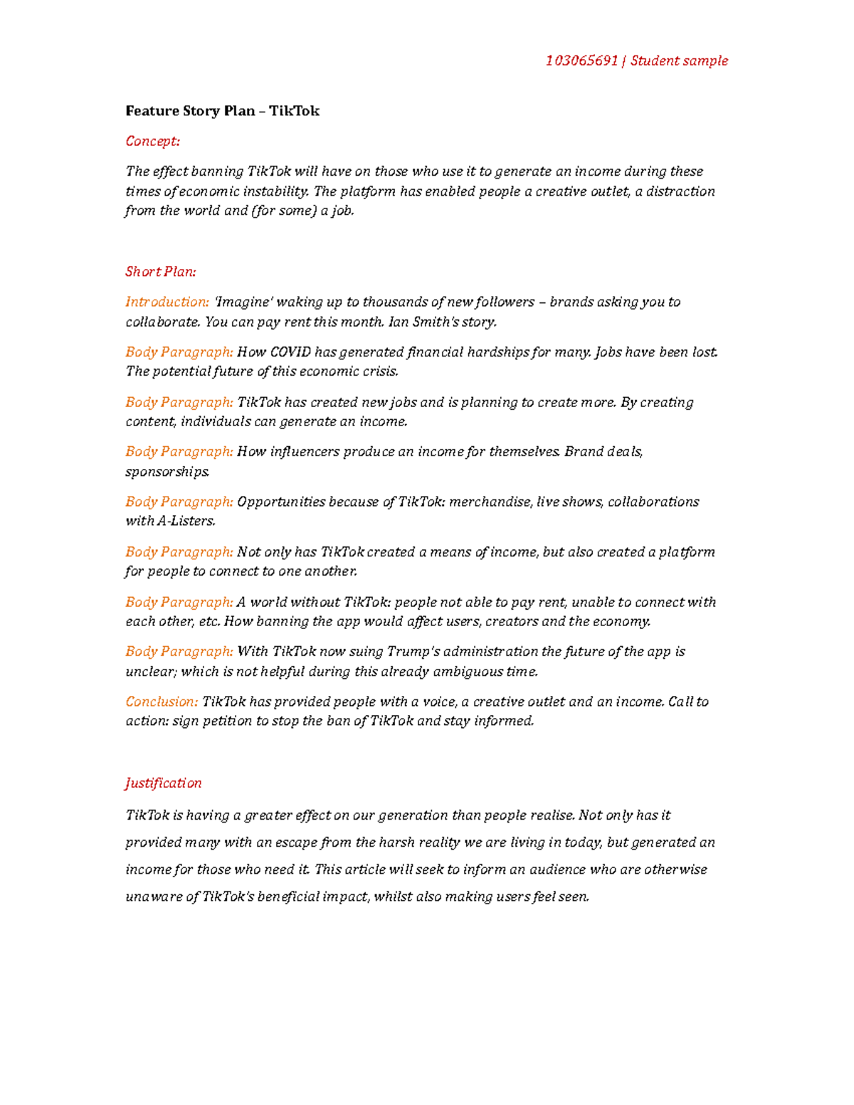 Chloe Hanna Feature Article plan student sample - 103065691 | Student ...