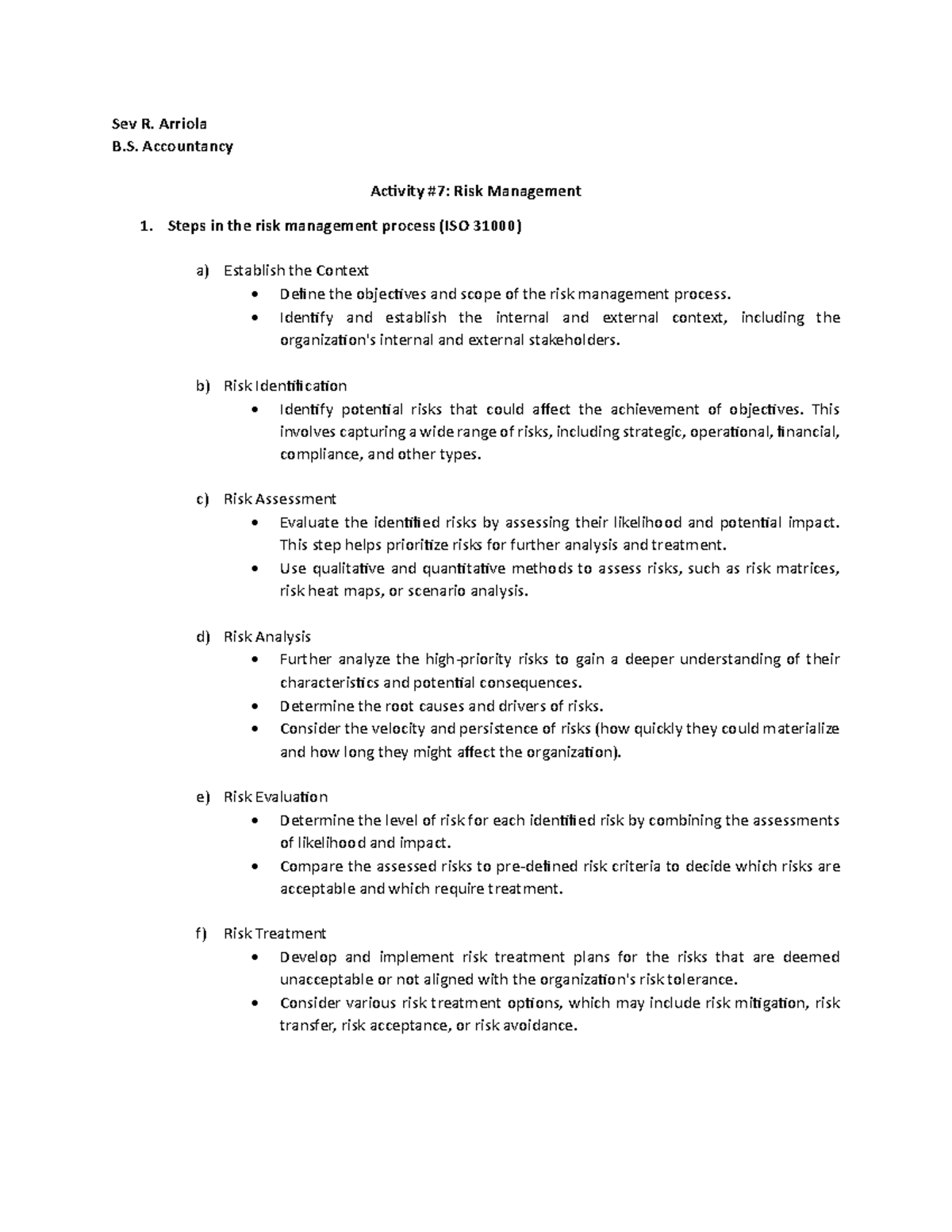 Activity #7 - Risk Management - Sev Arriola - Sev R. Arriola B ...