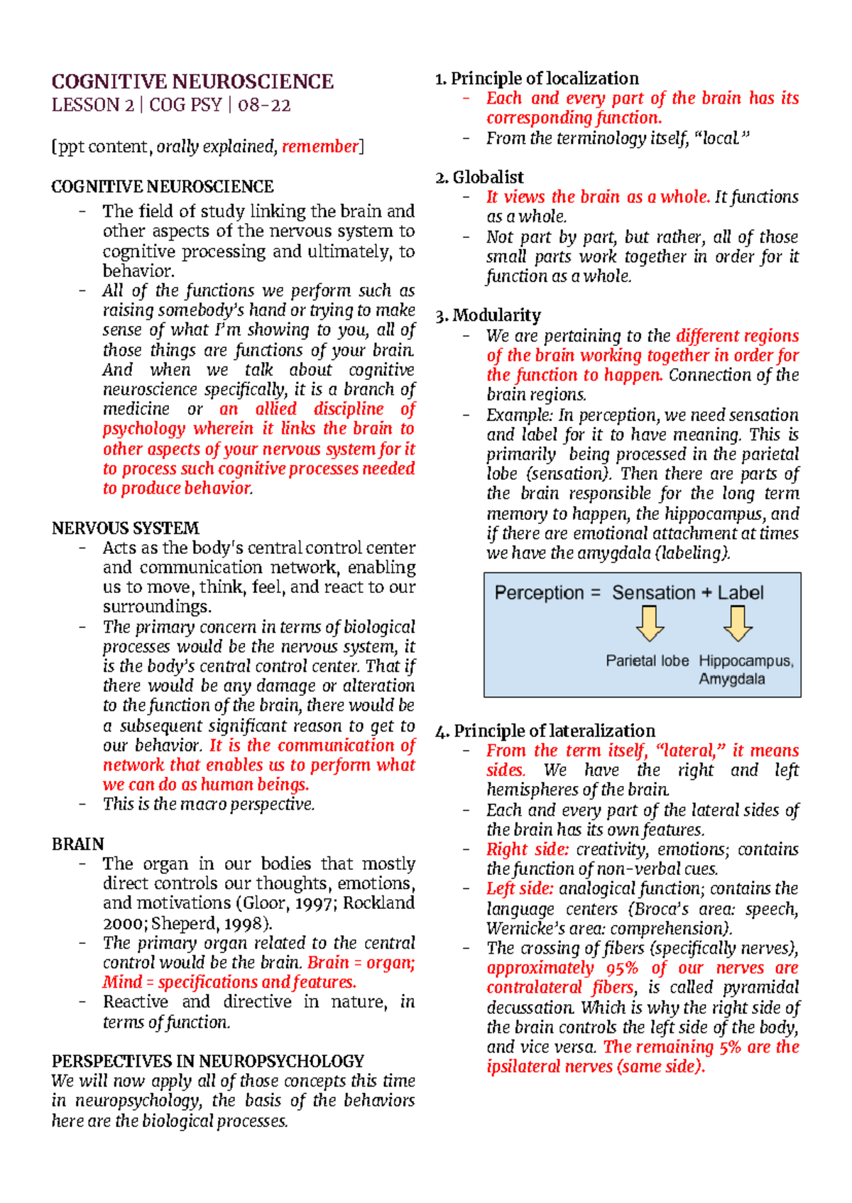 Cog Psy Lesson 2 08 22 - Notes about cognitive neuroscience - COGNITIVE ...