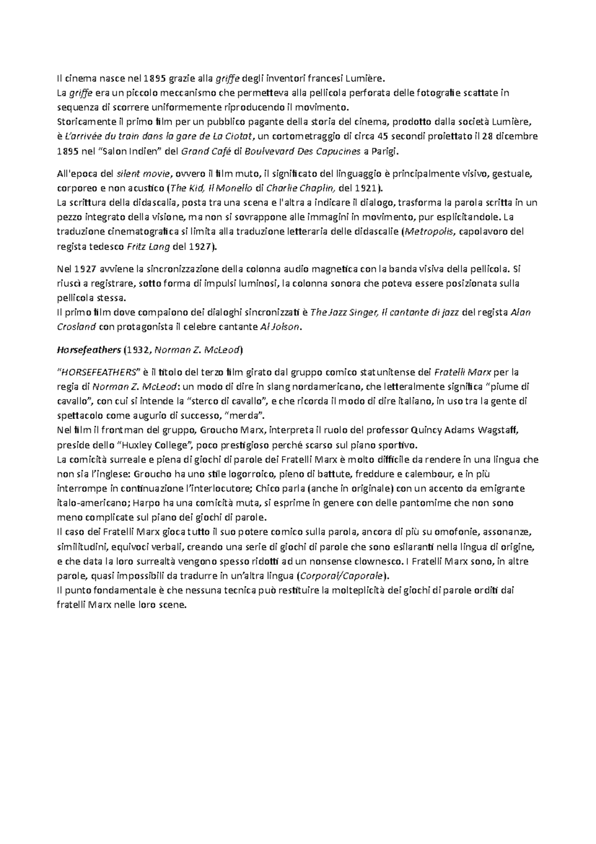 Riassunto Traduzione Audiovisiva - Il cinema nasce nel 1895 grazie alla ...