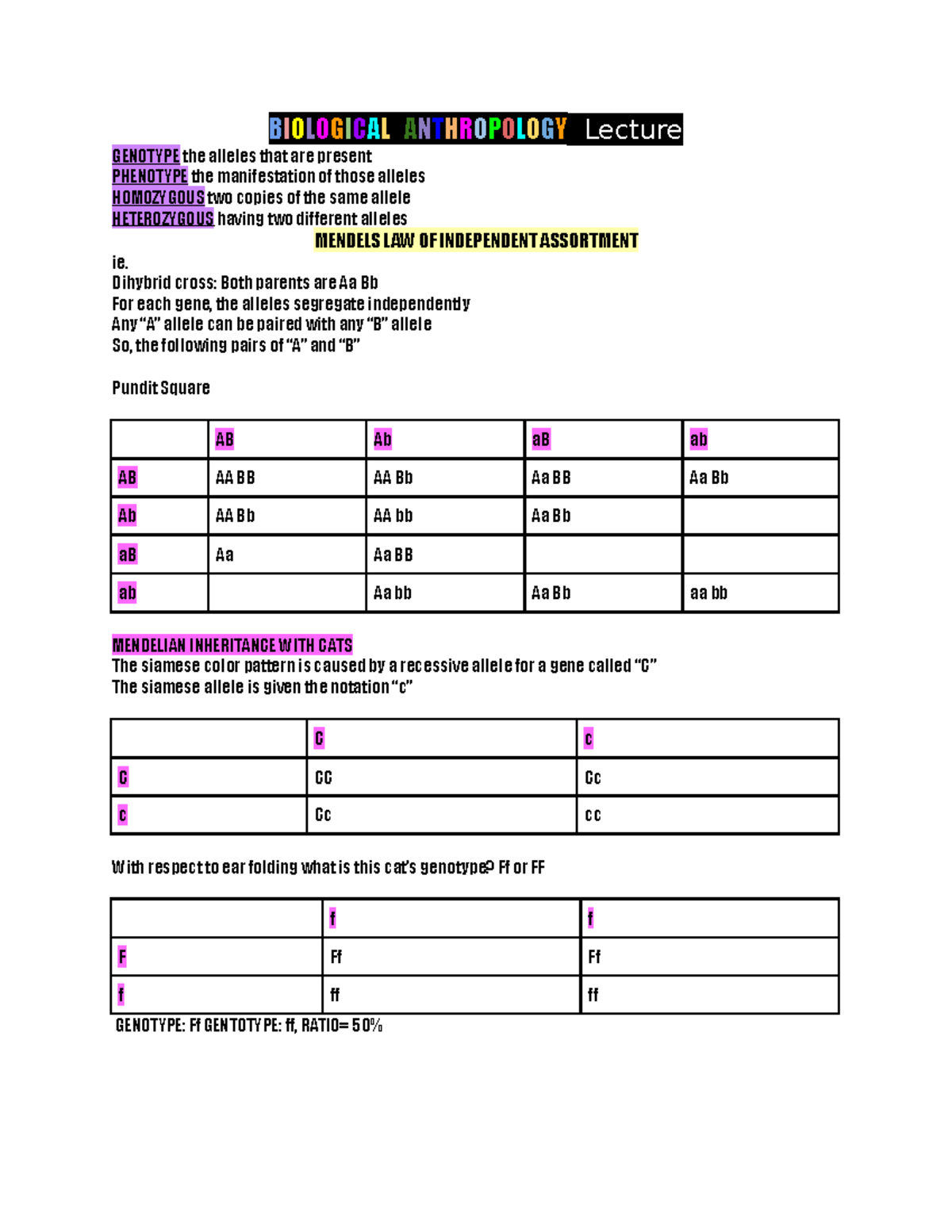 Biological Anthropology Lecture Notes Unit 1 - GENOTYPE the alleles ...