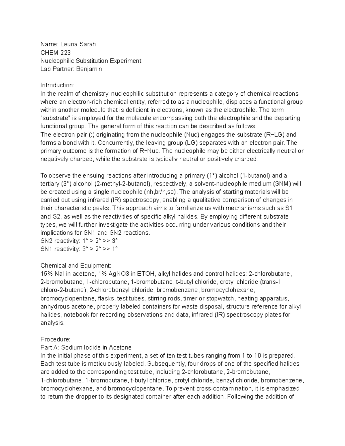 Lab report 5 - Name: Leuna Sarah CHEM 223 Nucleophilic Substitution ...