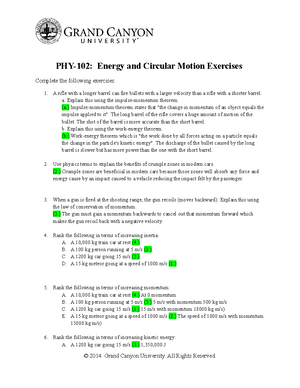 PHY 102 RS Energyand Circular Motion Exercises - PHY-102: Energy and Circular Motion Exercises ...