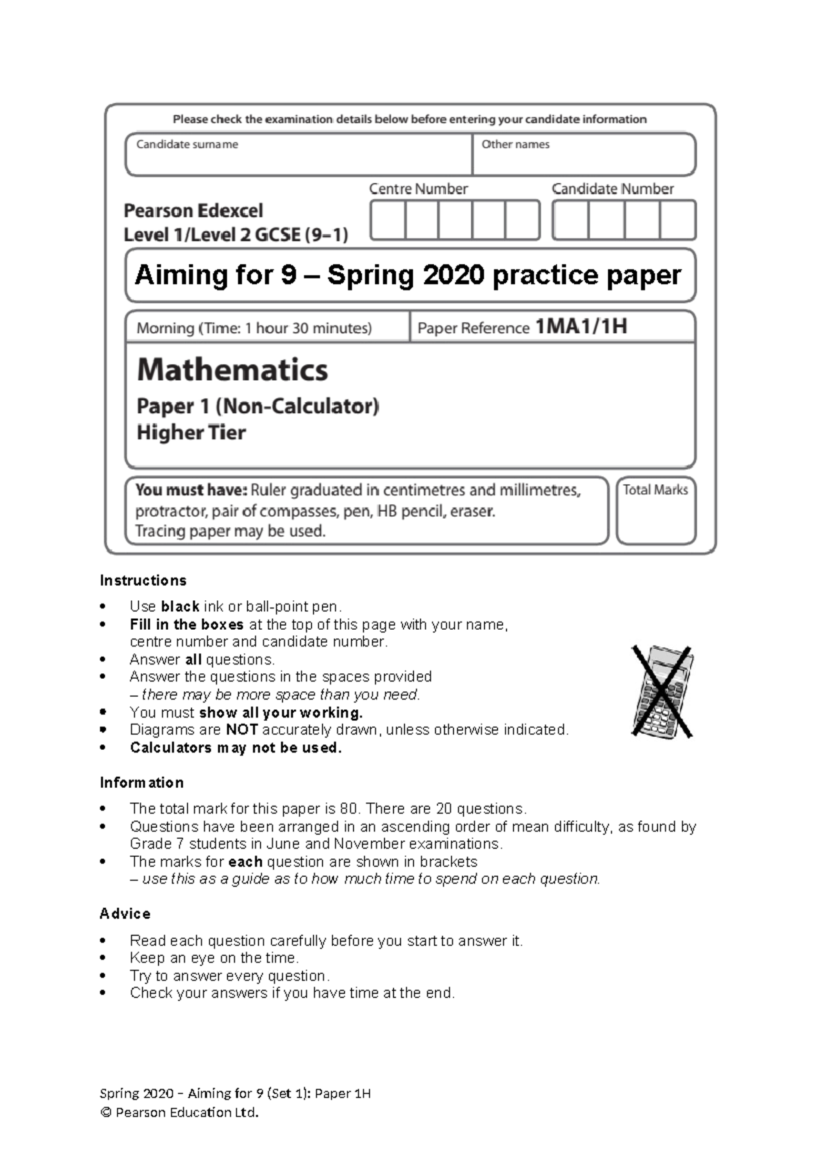 01 1MA1 1H - Aiming for 9 Spring 2020 (Set 1) WS - Instructions Use black ink or ball-point pen ...