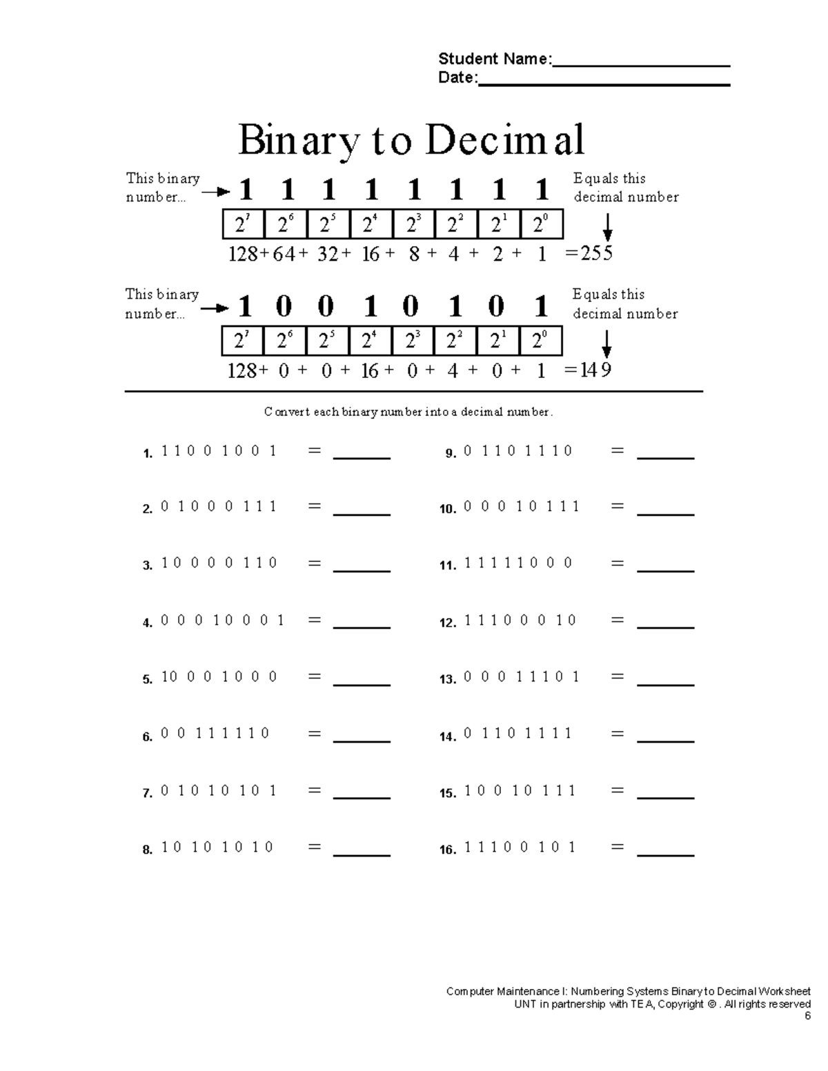 Number Lesson binary to decimal - Student Name: Date: Computer ...