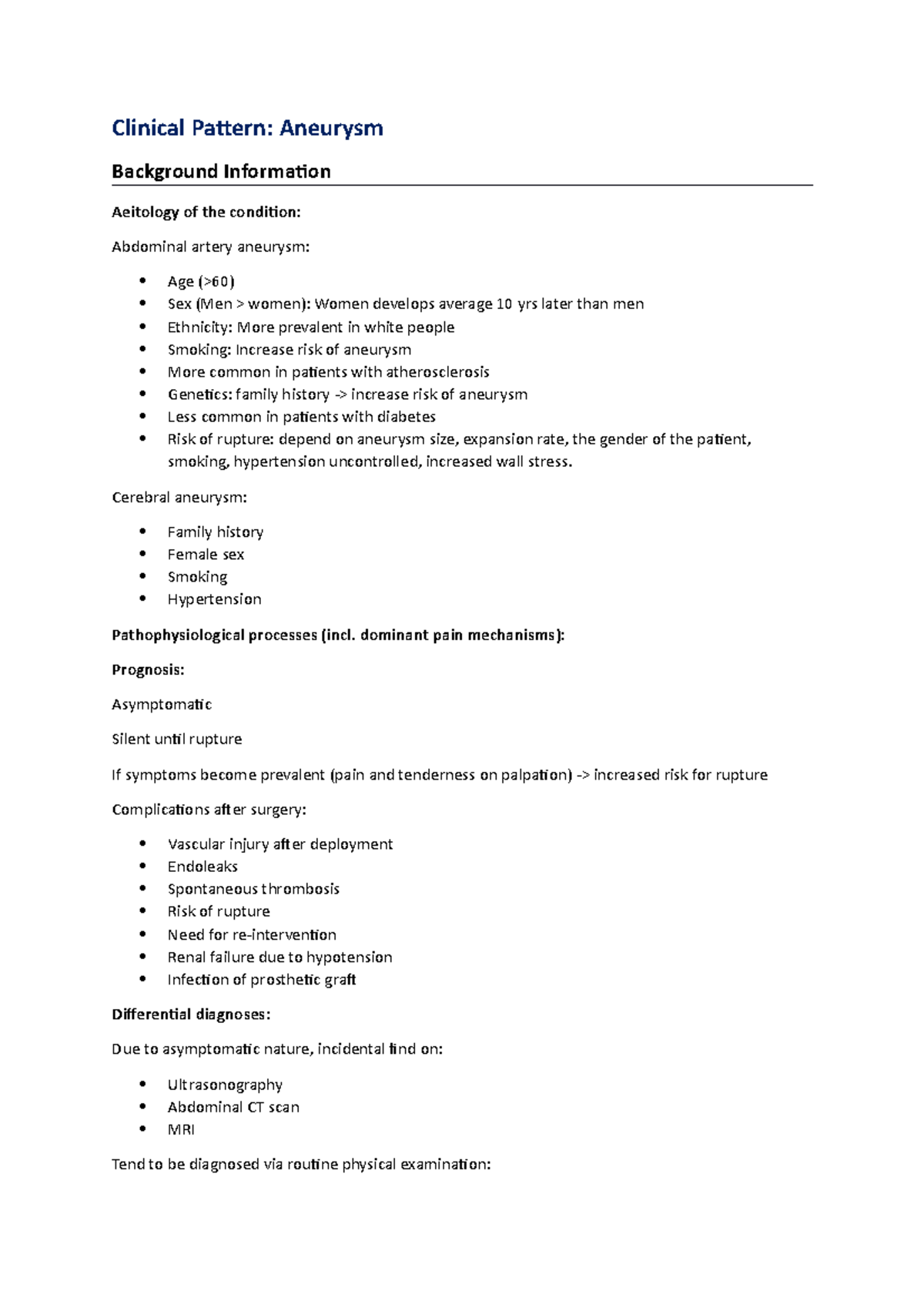 Clinical Pattern Template - Aneurysm - Clinical Pattern: Aneurysm ...