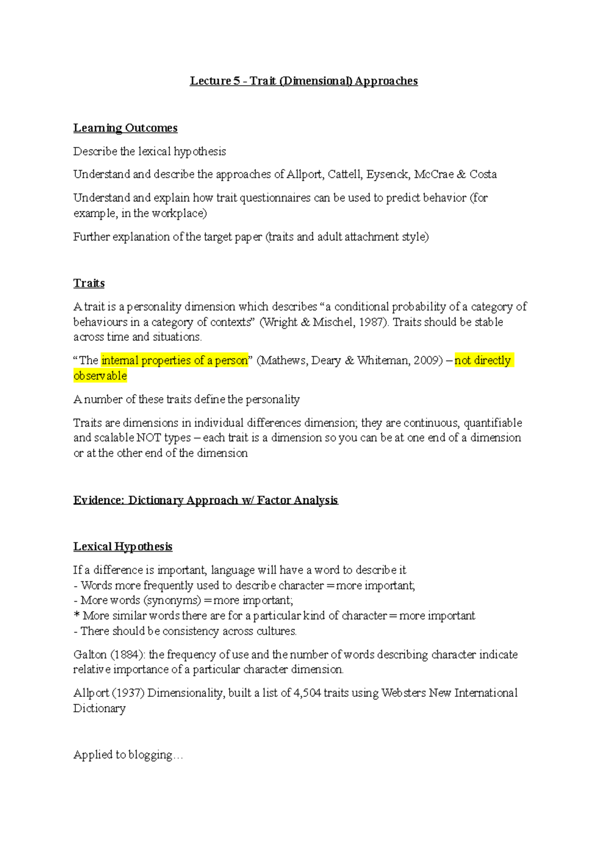 Trait (Dimensional) Approaches - Lecture 5 - Trait (Dimensional ...