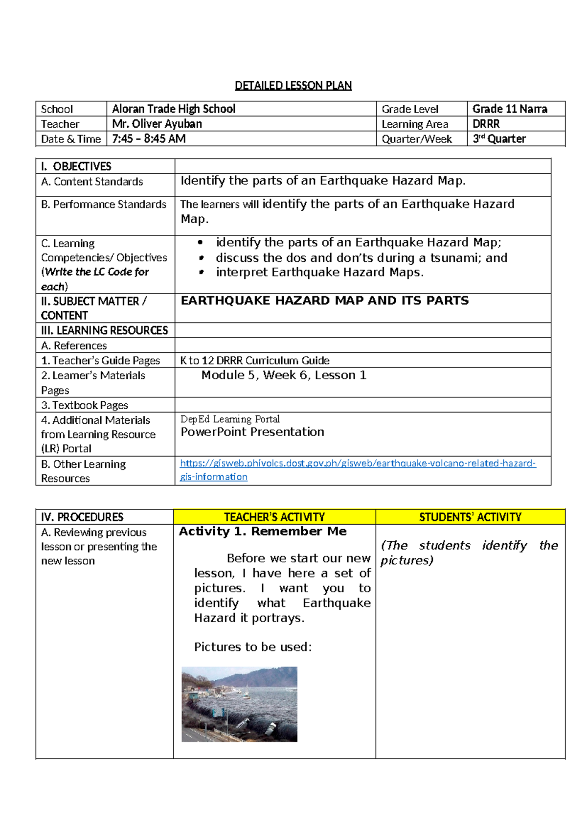 DISASTER RISK REDUCTION - DETAILED LESSON PLAN School Aloran Trade High ...