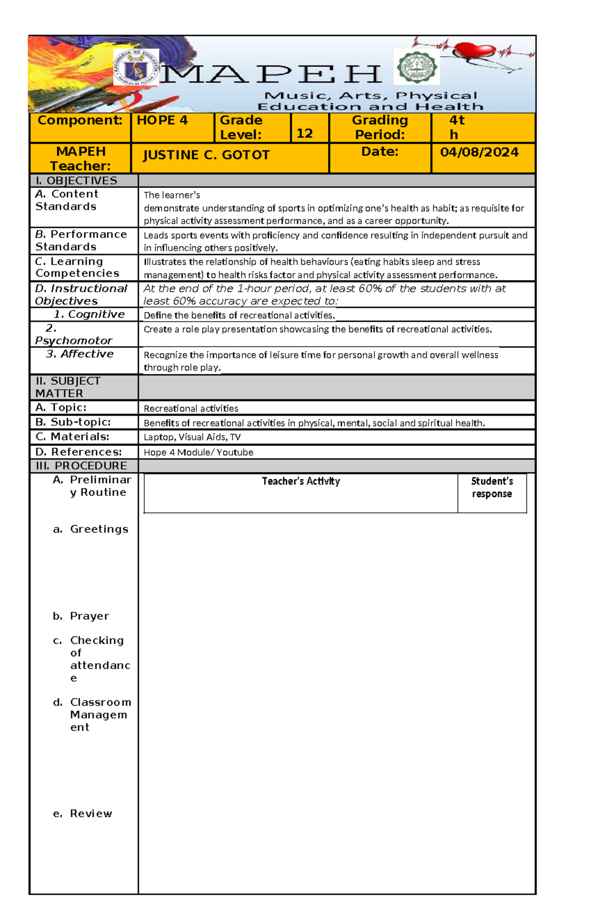 Detailed HOPE 4 Module 1 Lesson PLAN Gotot - Component: HOPE 4 Grade ...