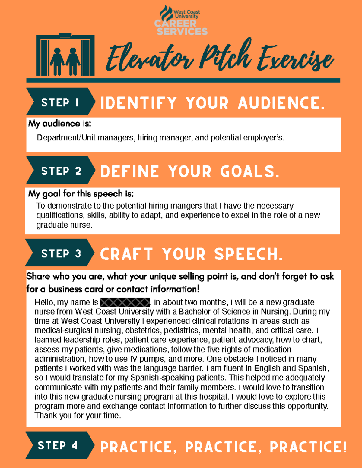 Elevator Pitch Exercise Sheet - Step 1 Step 2 Step 3 Identify your ...